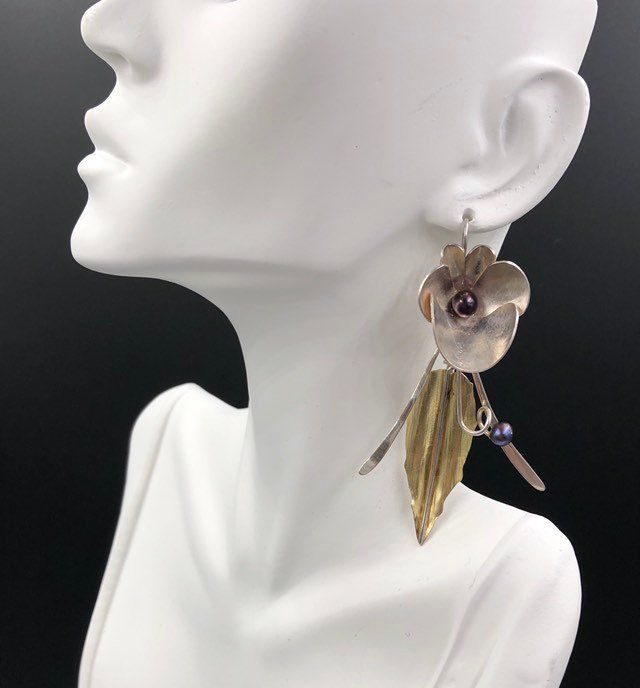 18K Gold Sterling Silver Dangle Earrings, Andrea Kennington Flower Earrings
