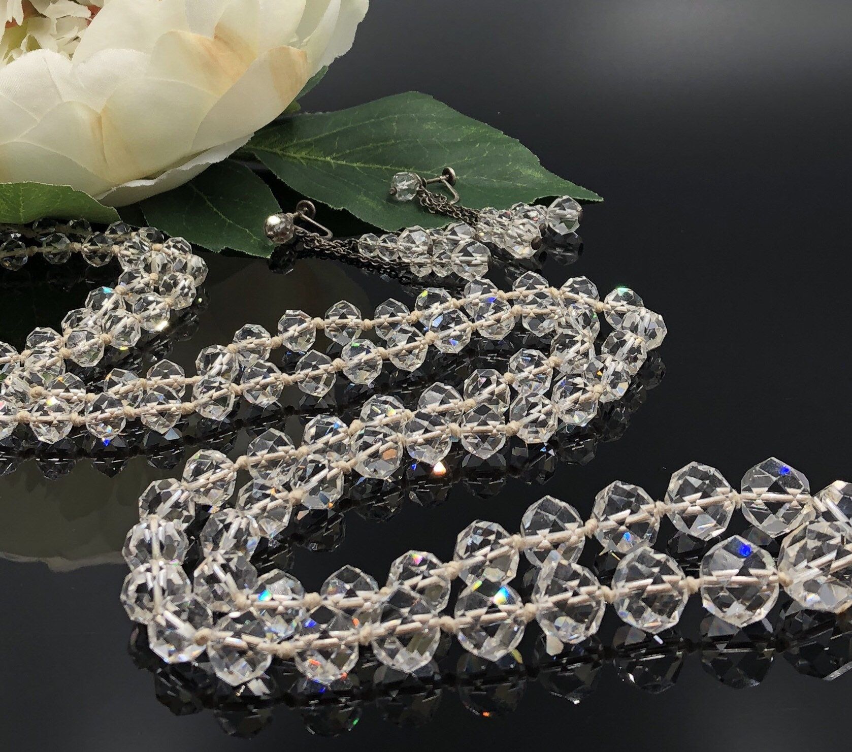 Art Deco Rock Crystal Bead Necklace with Matching Earrings