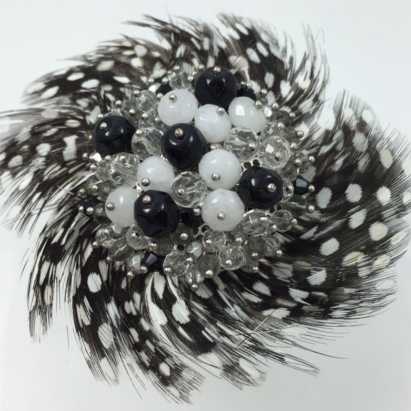 Black & White Feather Bead Cluster Brooch - Circa 1980s