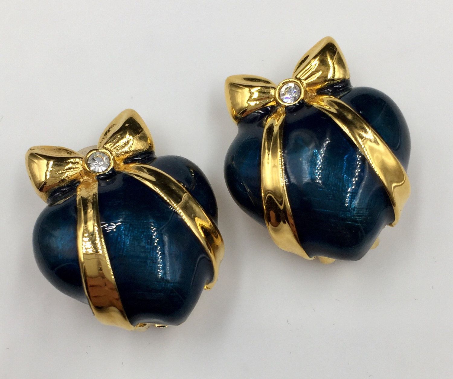 Joan Rivers Blue Enamel Heart Earrings - Vintage Joan Rivers Heart Gold ...