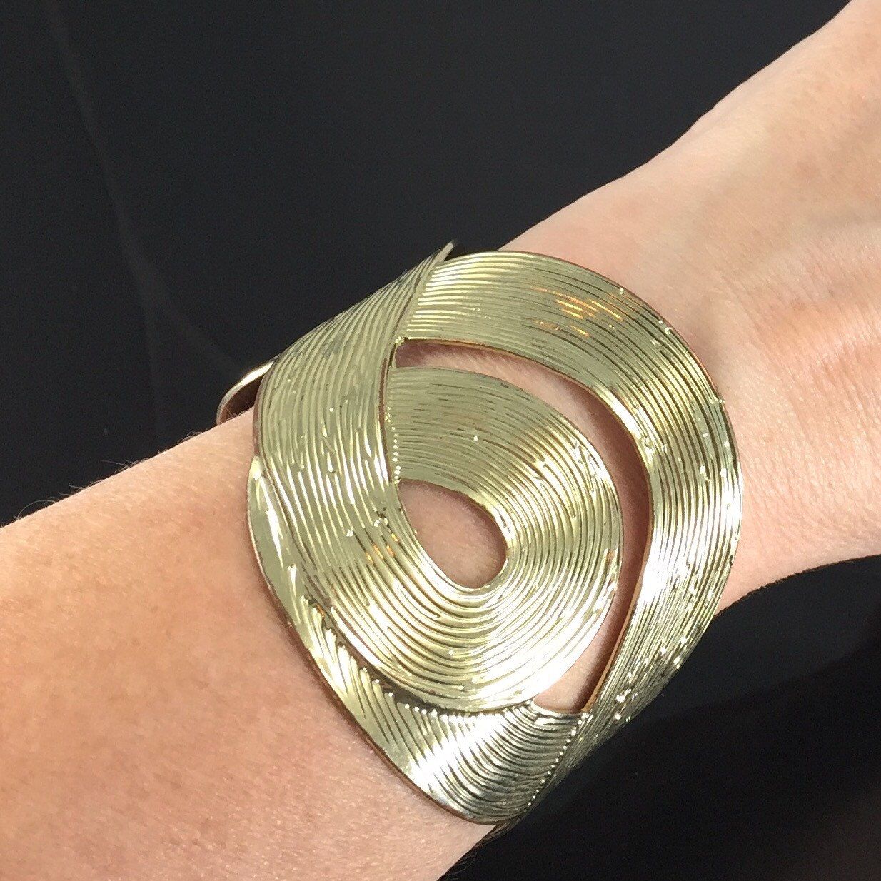 Wide Gold Statement Cuff Bracelet - Gold Swirled Cut Out Bold Cuff